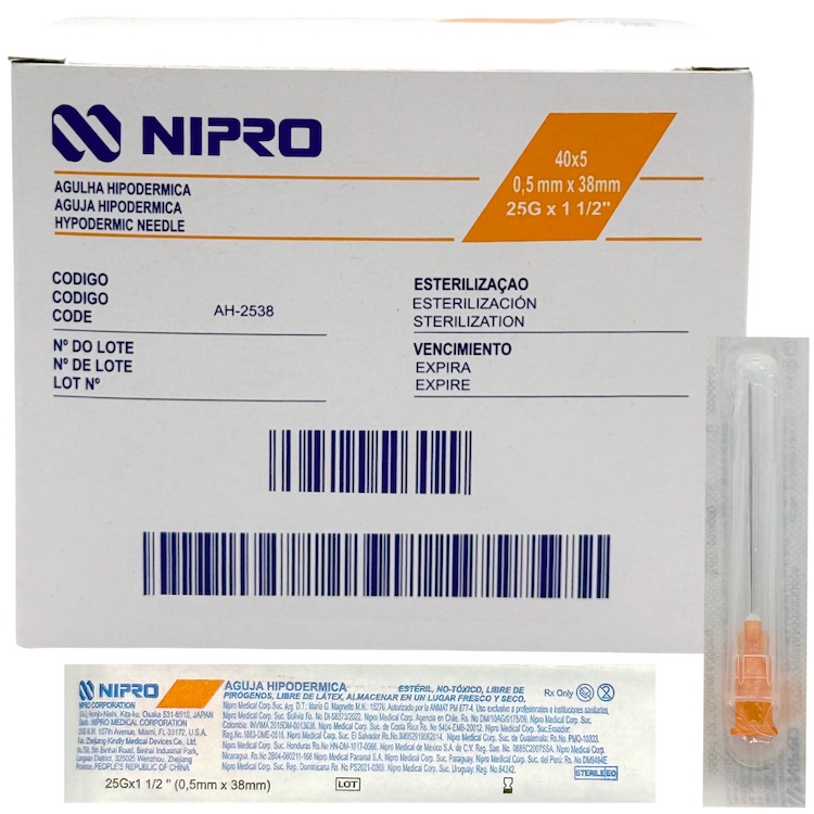 Aguja Hipodérmica 25G x 38mm (1 1/2”) Naranja NIPRO Caja con 100 Piezas ...