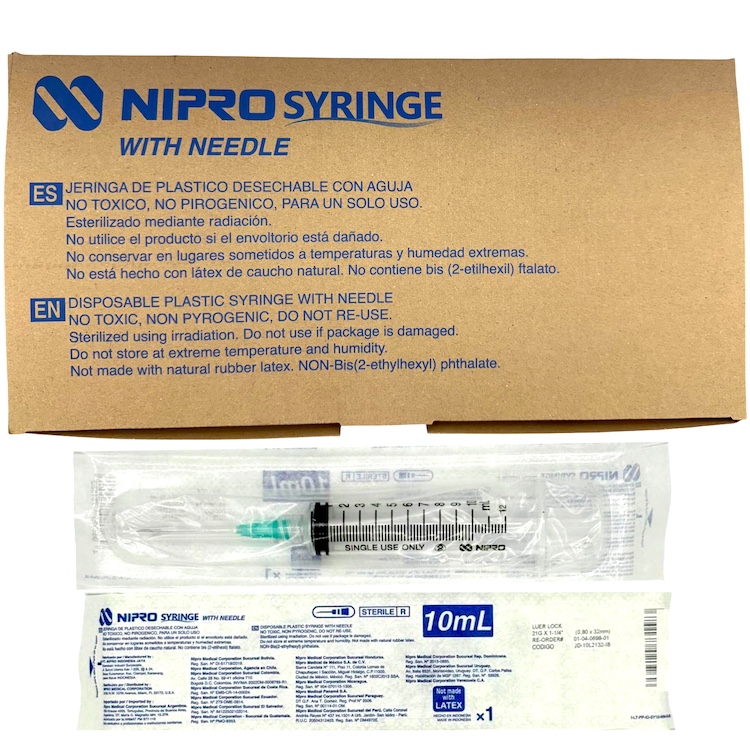Jeringa de plástico de 10 ml con aguja 21×32. Caja con 100 NIPRO | WEB | REGALCOM