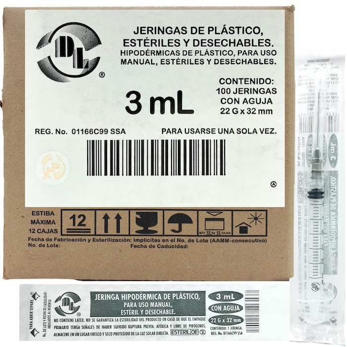 Jeringas de plástico 3 ml con aguja calibre 22 G x 32mm. Caja con 100 piezas. | WEB | REGALCOM